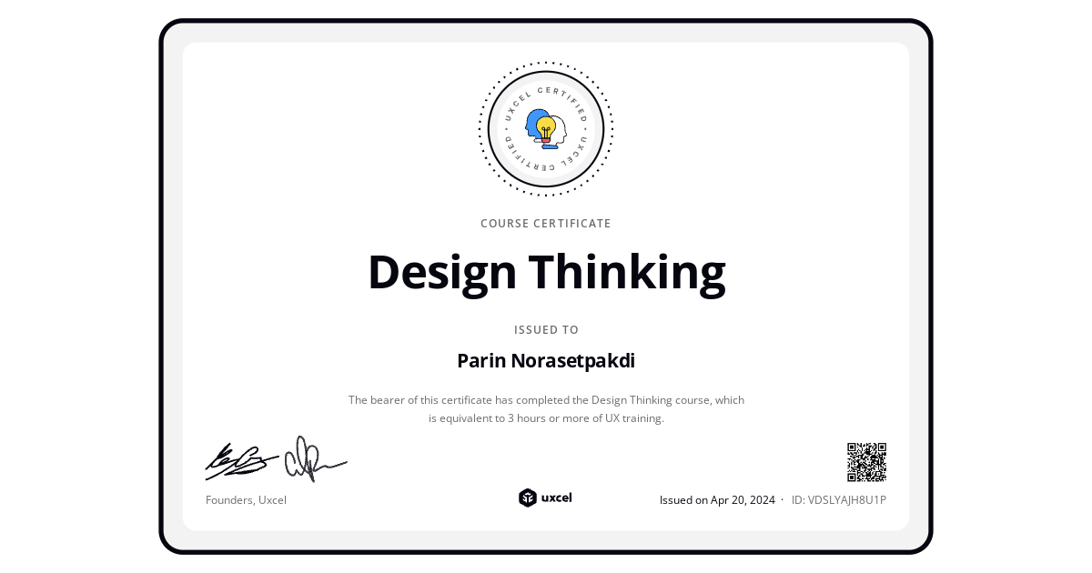 Certificate of completion for Design Thinking | Uxcel